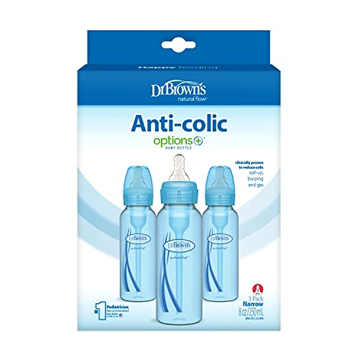Dr. Brown’s Natural Flow® Anti-Colic Options+™ Narrow Baby Bottles 8 oz/250 mL, with Level 1 Slow Flow Nipple, 3 Pack, 0m+ Blue