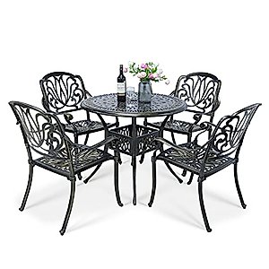 VIVIJASON 5-Piece Outdoor Patio Dining Set, All-Weather Cast Aluminum Conversation Set, Patio Furniture Set for Balcony Lawn Garden Backyard, Include 4 Chairs, a 35.4 inch Round Table w/Umbrella Hole