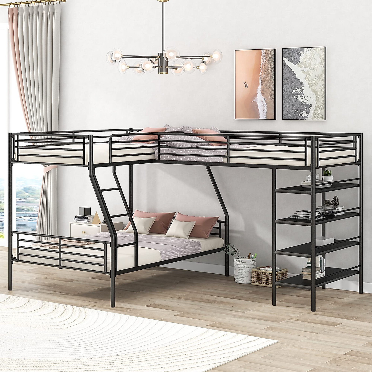 Harper & Bright Designs Metal Twin Over Full Bunk Bed with a Loft Attached, Triple Bunk Bed Frame Built-in Four Storage Shelves, L-Shaped 3 Bed Bunk Beds with Guardrails and Ladders, Black