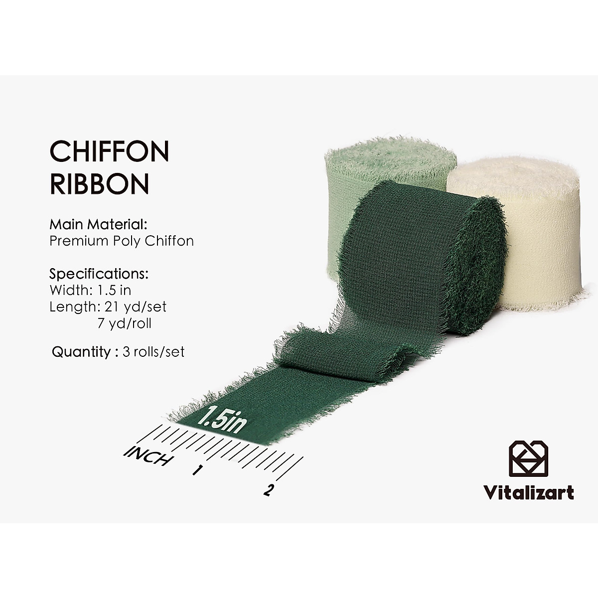 Vitalizart 3 Rolls Handmade Fringe Chiffon Silk Ribbon Gauze 1.5" x 7Yd Cream & Green Ribbons Set for Wedding Invitations, Bridal Bouquets, Gifts Wrapping, DIY Crafts