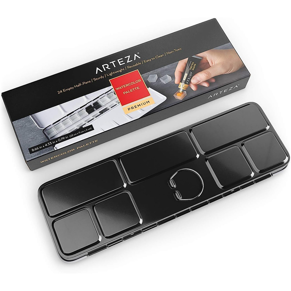 ARTEZA Empty Watercolor Palette Tin, 24 Half Pans, Customizable Portable Empty Half Pans for Watercolor Paints