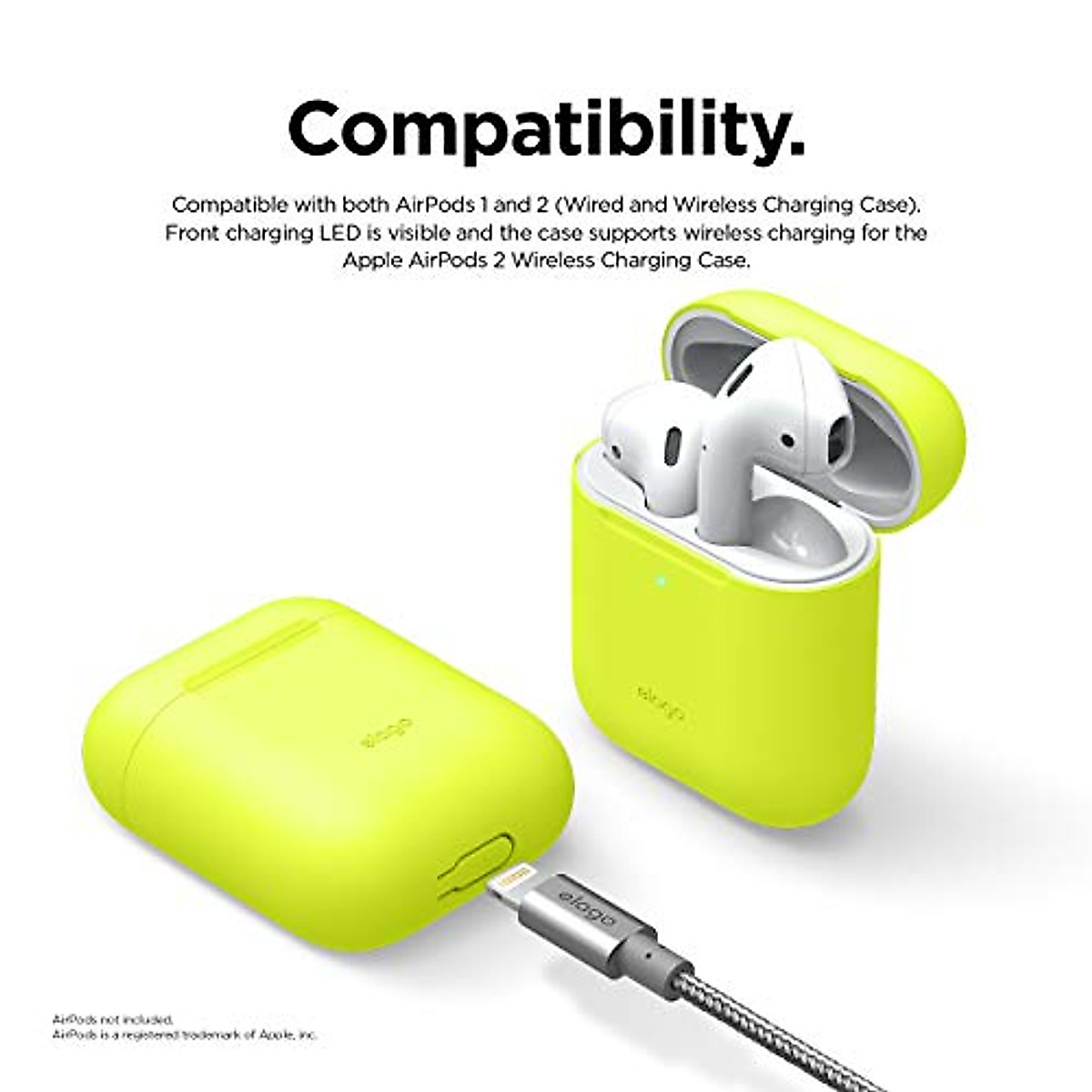 elago Skinny Case Compatible with AirPods 1 and Compatible with AirPods 2, Front LED Visible, Supports Wireless Charging, Anti-Slip Coating Inside [Neon Yellow]