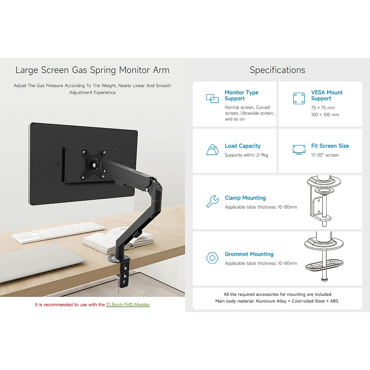 Waveshare Gas Spring Monitor Arm for 17~30 Inch Display Monitor, Height Adjustment, Supports Multi-Angle Rotation and Expansion