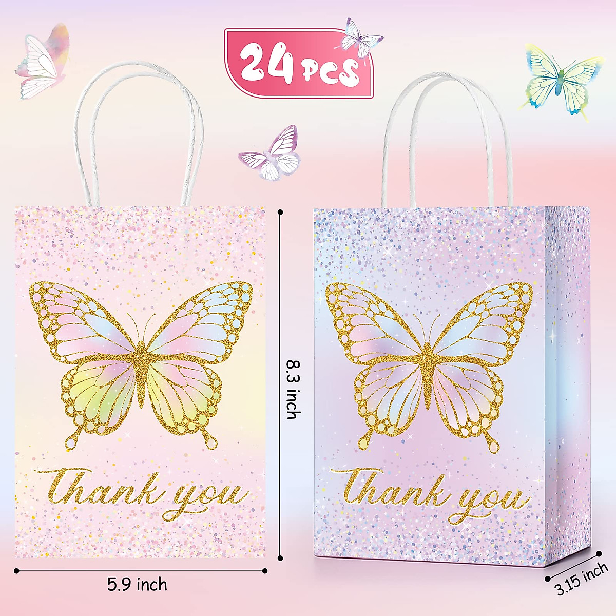 24 Pcs Butterfly Party Favors Gift Bags Goodie Treat Candy Bags Thank You for Fluttering by Paper Bags with Handles for Girls Butterfly Birthday Party Supplies Baby Shower (Glitter Style)