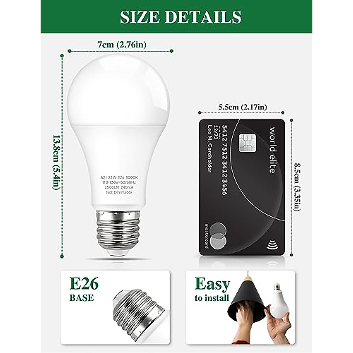 Bombubilla A21 LED Light Bulbs, 150-200W Equivalent 23W LED Bulb, 2500 Lumens, Daylight White 5000K, E26 Base, Non-Dimmable, Super Bright Light Bulbs for Home Office Shop Warehouse Garage, 6 Pack