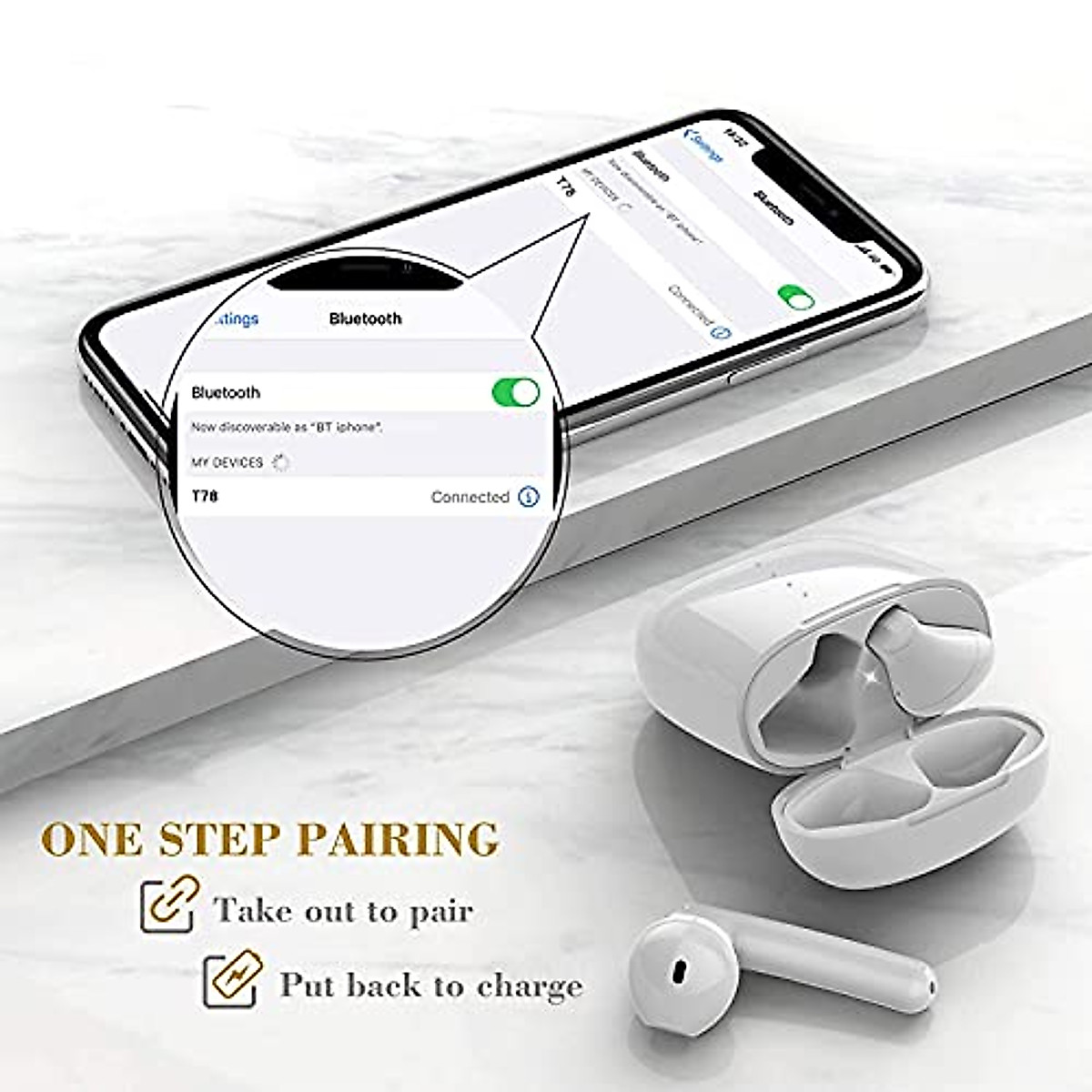 Wireless Earbud Bluetooth 5.0 Headphones Built in Mic in Ear Buds Noise Canceling 3D Stereo Air Buds Earbud Fast Charging, IPX8 Waterproof for Android/Samsung/iPhone - (White)