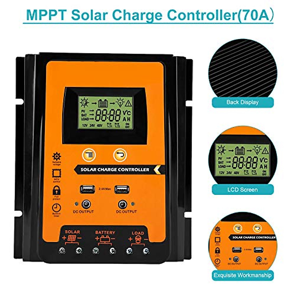 MPPT Solar Charge Controller, 12V/24V 30A/50A/70A Solar Panel Battery Regulator Charge Controller Dual USB LCD Display Solar Power Battery Controller