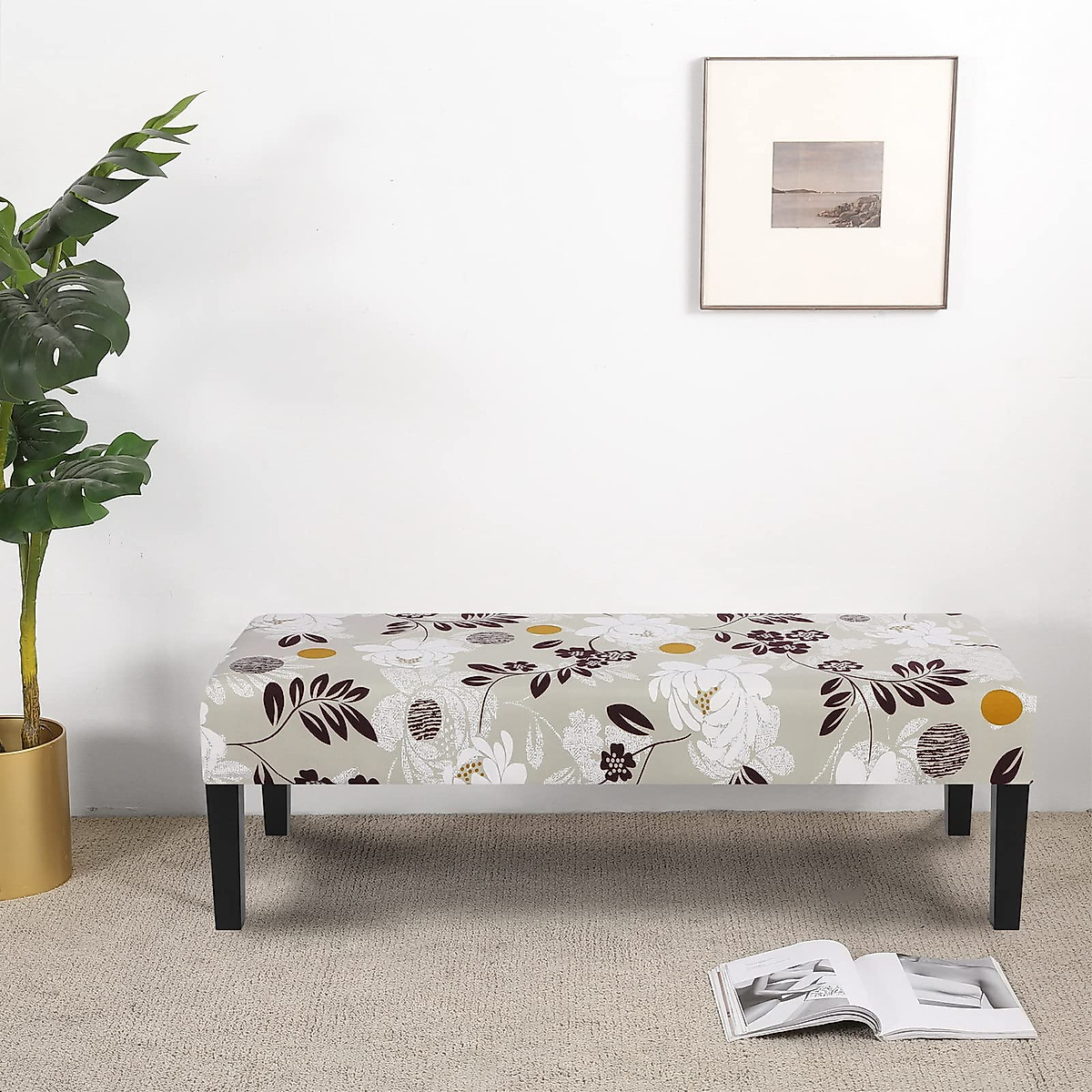 SearchI Brown Flower Stretch Dining Bench Cover, Washable, Protective, Durable Bench Seat Covers for Dining Room, Living Room, Kitchen