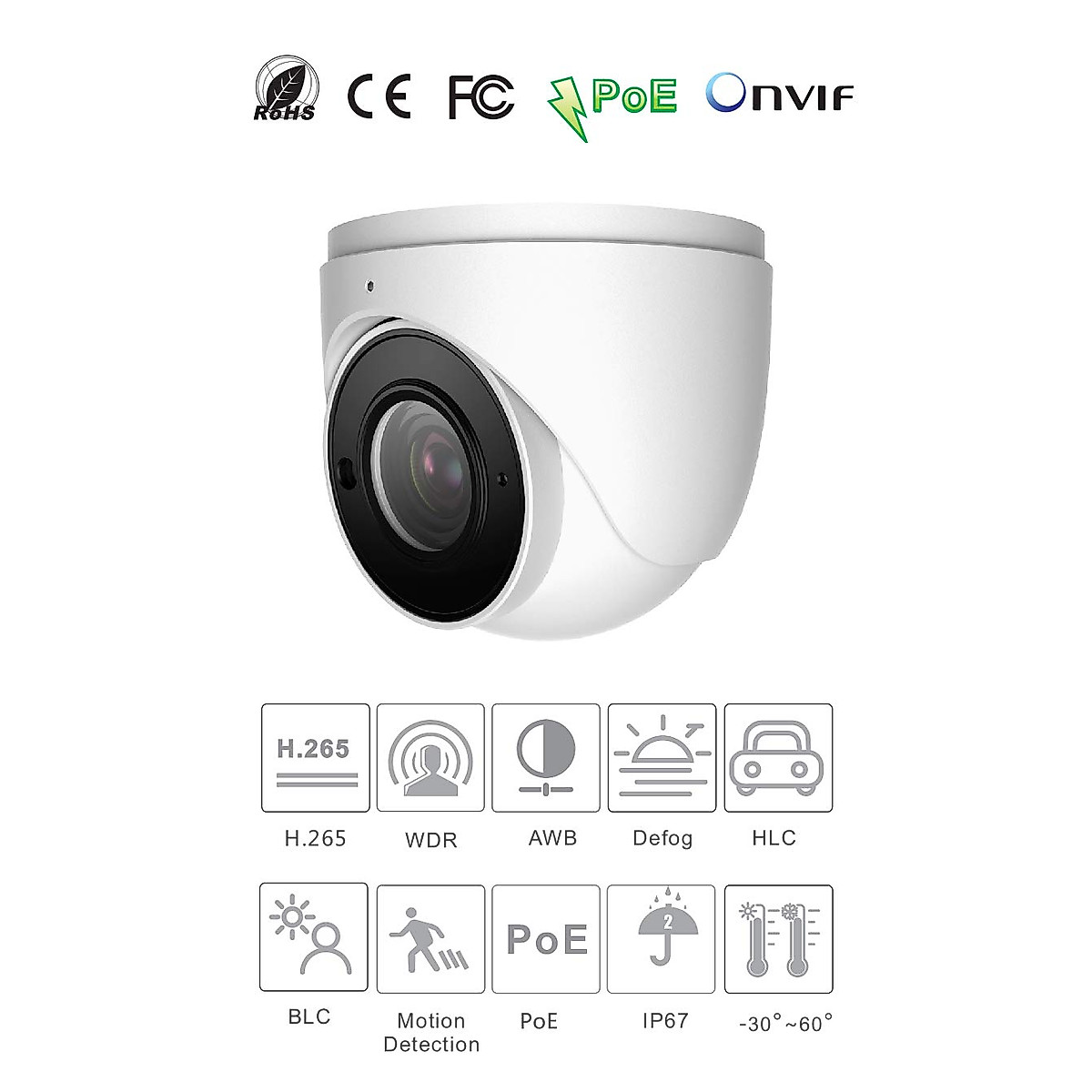 ENS IP-5IRD5S34/28 Titanium Series Network IR Security Camera, White; 1/2.7" CMOS Sensor; 5MP (2592 x 1944) Resolution; Built-in Microphone; 3D DNR; Digital WDR; DC12V/PoE; Intrusion Detection