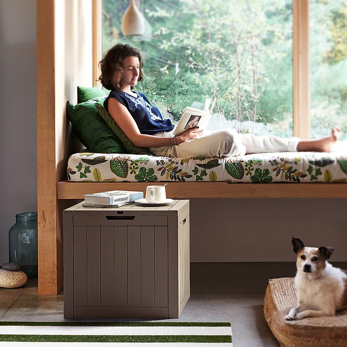 Flamaker 32 Gallon Deck Box Outdoor Waterproof Resin Storage Box with Lockable Lid Indoor Storage Bin for Patio Cushions, Toys (Brown)