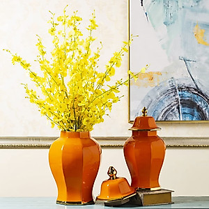 Handmade Orange Hexagon Ginger Jar Vase Ornament, Home & Living Room Decorative Jar, Gold-Plated Ceramic Temple Jar (Size : Small)