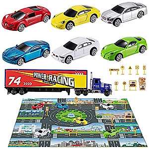 TEMI Diecast Racing Cars Toy Set w/Activity Play Mat, Truck Carrier, Alloy Metal Race Model Car & Assorted Vehicle Play Set for Kids, Boys & Girls
