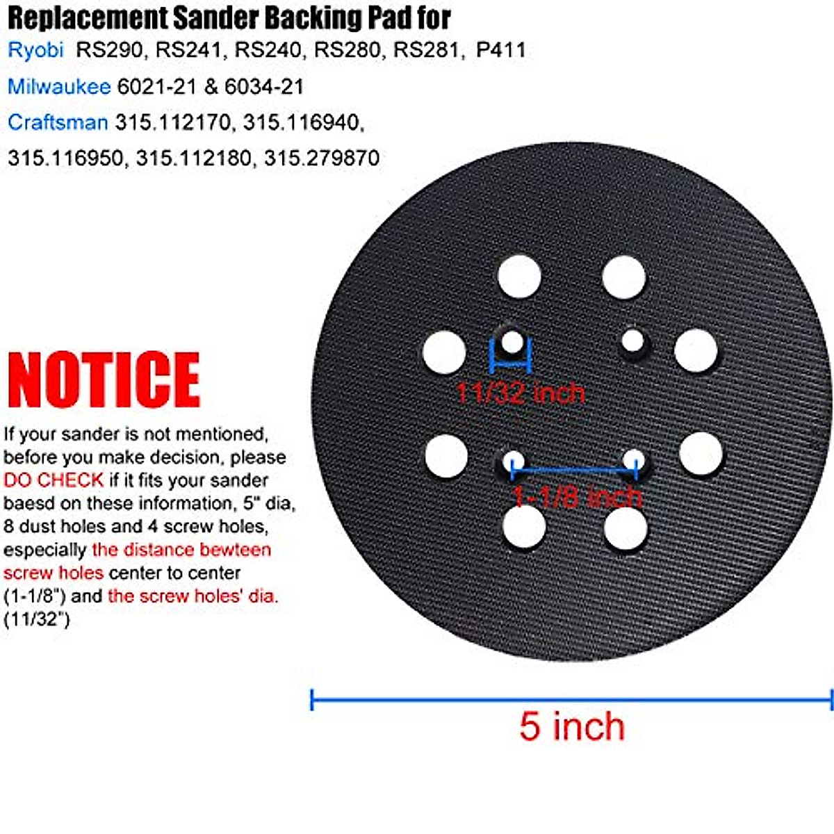 5-Inch Hook and Loop Backing Pad Replacement Sander Pad for Ryobi RS290, RS280, P411, Milwaukee 6021-21 & 6034-21, Craftsman 315.112170,315.116940