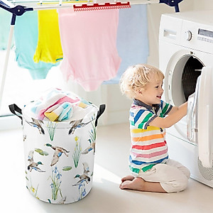 Flying Mallard Ducks Yellow and Blue Iris Lotus with Leaves on White Drawstring Collapsible Canvas Storage Basket, with Handles Foldable Storage Bin, Durable for Laundry Toys Clothes Bedroom Office