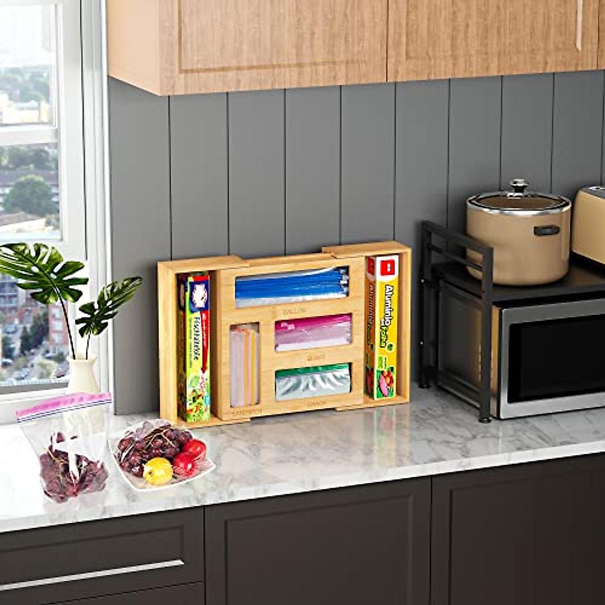 NPPLUS Bag Storage Organizer, Expandable Kitchen Drawer Holder, Bamboo Food Storage Bags Dispenser For Gallon, Quart, Sandwich, Snack Freezer Bags and Fits 12" Length Wrap Rolls, (Bamboo)