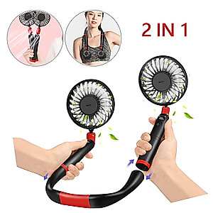 Howkes Handheld and Neck Fans, 2 in 1 Hand and Wearable Fan, 4000 mAh Battery, USB Charge, 3 Speed with Display Screen, (Black Red)