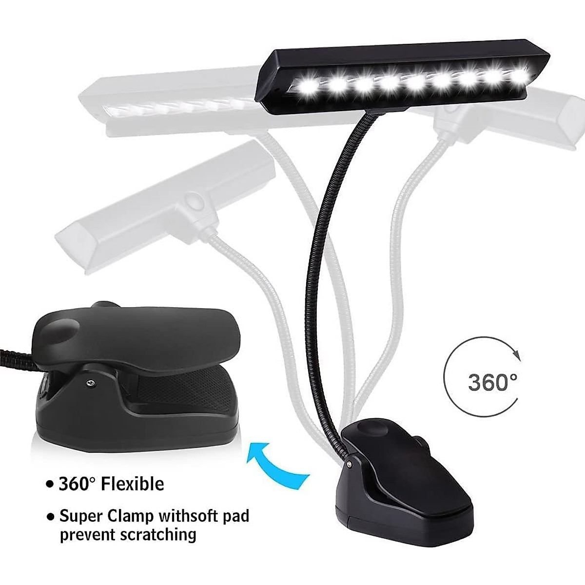 Music Stand Light, 9 LED Professional Musician Clip On Piano Lights, Adjustable Neck Rechargeable USB Orchestra Light Book Lamp, Great for Piano, Voilin, Orchestra, Podium, Desk and Bed Headboard