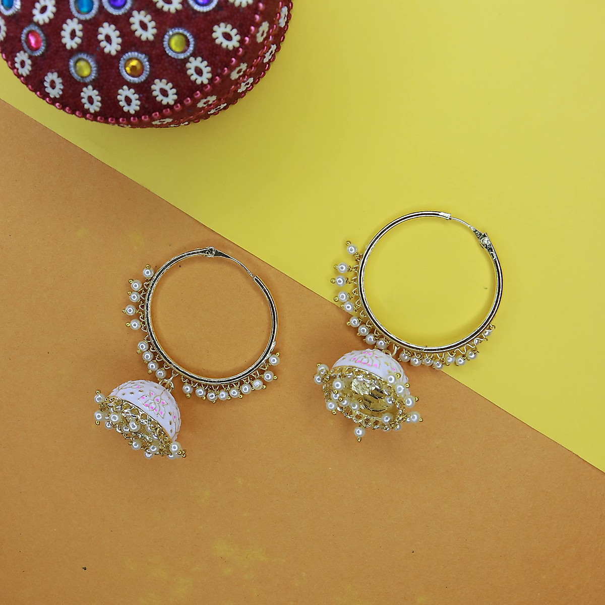 I Jewels Gold Plated Indian Bollywood Festive Party Wear Enamel Pearl Hoop Jhumki Earrings for Women (E2915W)