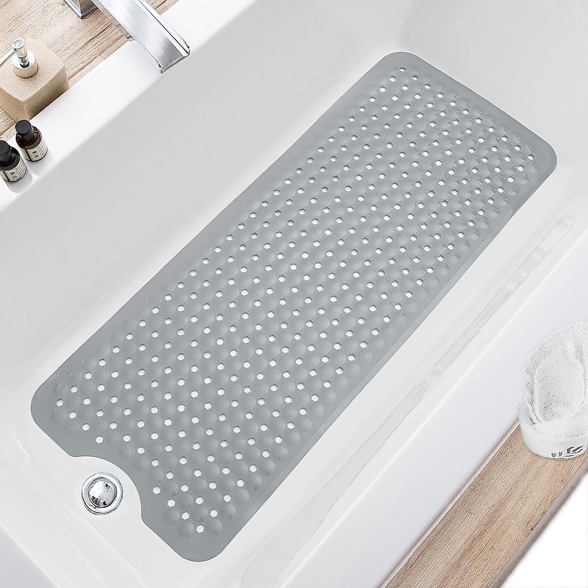 TEESHLY Bath Tub and Shower Mats, Non-Slip 40 x 16 Inch Extra Long Bath Mat, Machine Washable Bathtub Mat with Drain Holes, Suction Cups for Bathroom, Gray
