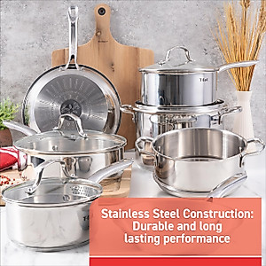 T-fal Stainless Steel Cookware Set 11 Piece, Induction, Oven Broiler Safe 500F, Kitchen Cooking Set w/ Fry Pans, Saucepans, Saute Pan, Dutch Oven, Steamer, Pots and Pans, Dishwasher Safe, Silver