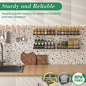 LUCYCAZ 4 Pack Wall Mounted Spice Rack with 16 Hooks, Spice Organizer for Cabinet Pantry Door,Screw or Adhesive Spice Shelf Hanging Wall Spice Rack in Kitchen and RV (Black)