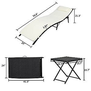 SAWQF 3-Piece Outdoor Terrace Furniture Set 2 Folding Bed 1 Folding Coffee Table Black PE Cane Iron Frame 4 Lines