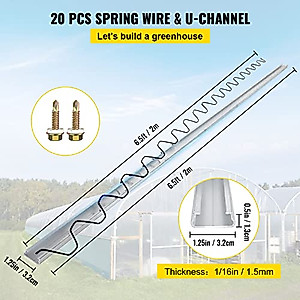 VEVOR Greenhouse Spring Wire and Lock Channel 20 Packs, 6.56 ft PE Coated Aluminum Alloy Bundle Kit, Plastic Poly Film or Shade Cloth Attachment w/Screws, Silver