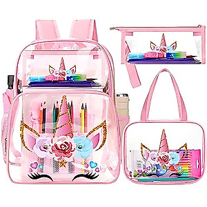 Kacctyen 3 Pcs Pink Clear Backpack Stadium Approved Backpack for Girls Clear School Backpack with Lunch Bag for Girls Boys(Unicorn Style)