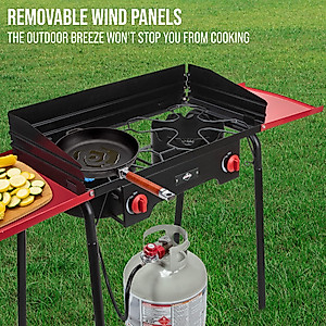Hike Crew Cast Iron Double-Burner Outdoor Gas Stove | 150,000 BTU Portable Propane-Powered Cooktop with Removable Legs, Temperature Control Knobs, Wind Panels, Hose, Regulator & Storage Carry Case