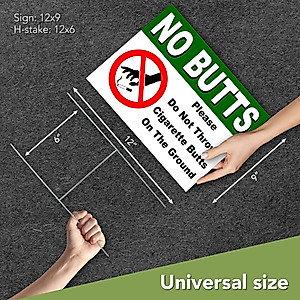 2 PC No Cigarette Butts Signs - 12 x 9 Coroplast No Butts Signage with Stake - No Littering Sign Outdoor - Please Do Not Throw Cigarette Butt Signs