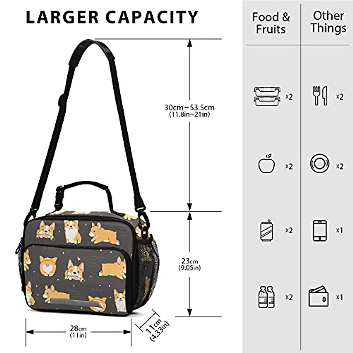 Dogs Reusable Leakproof Lunch Box Bag Corgi Sturdy Insulated Box with Adjustable Strap Portable Bag Organizer for Kids, Women, Men, Teens, Boys, Girls
