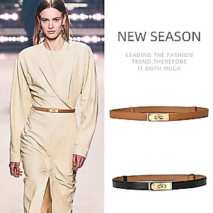 ANHAISHUILV Women's Skinny Leather Belt with Adjustable Golden Turn-Lock Buckle - Ideal for Dresses, Jeans, and Coats