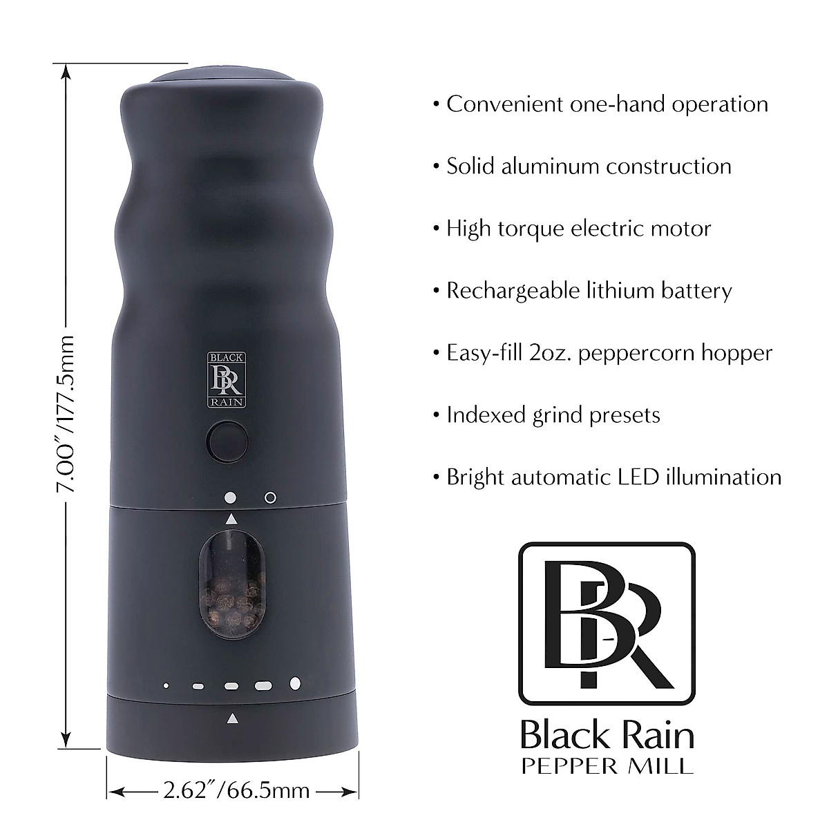 BLACK RAIN Pepper Mill Grinder - High Pepper Volume Automatic Peppercorn Grinder w/Built-in LED Lighting - Sturdy Aluminum Electric Pepper Grinder w/Rechargeable Lithium Battery (Matte Black)
