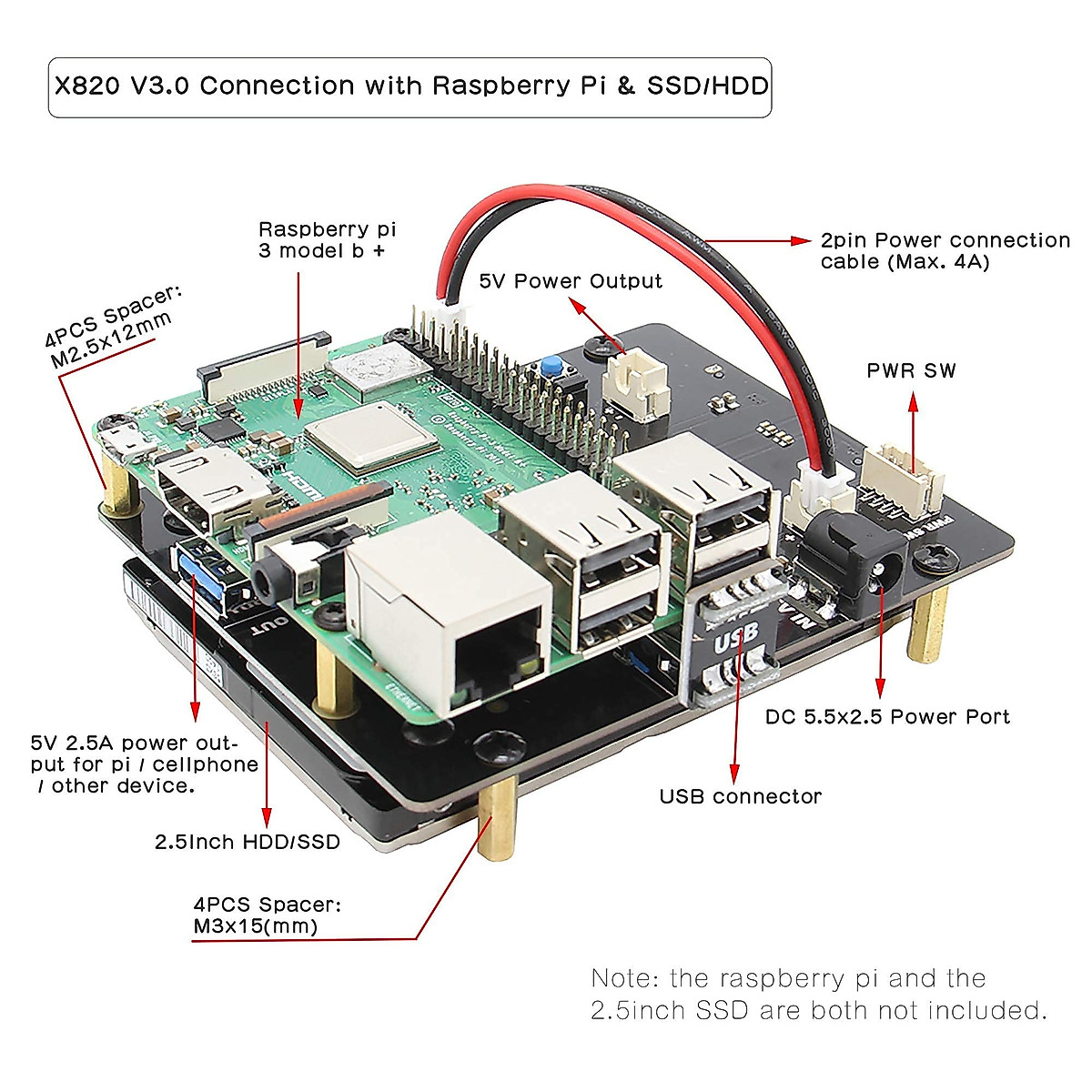 Geekworm for Raspberry Pi 3B+/3B, X820 V3.0 2.5" SATA HDD/SSD Expansion Board + Metal Case with Power Switch and Cooling Fan (Not Include Raspberry Pi)