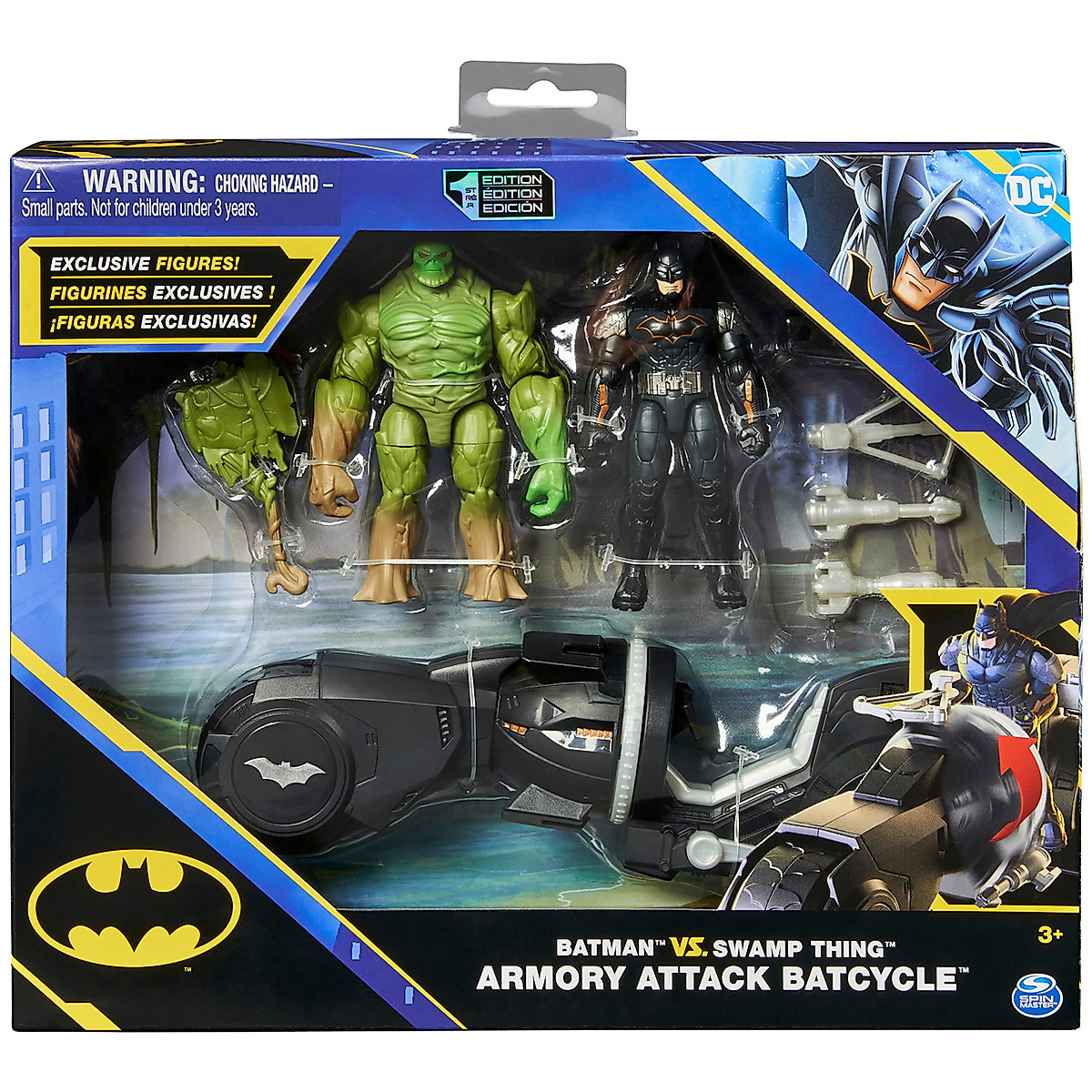 DC Comics, Batman and Swamp Thing Armory Attack Batcycle Set, Exclusive Armored Batman and Swamp Thing Action Figure with Accessories, Kids Toys for Boys and Girls Ages 4 and Up