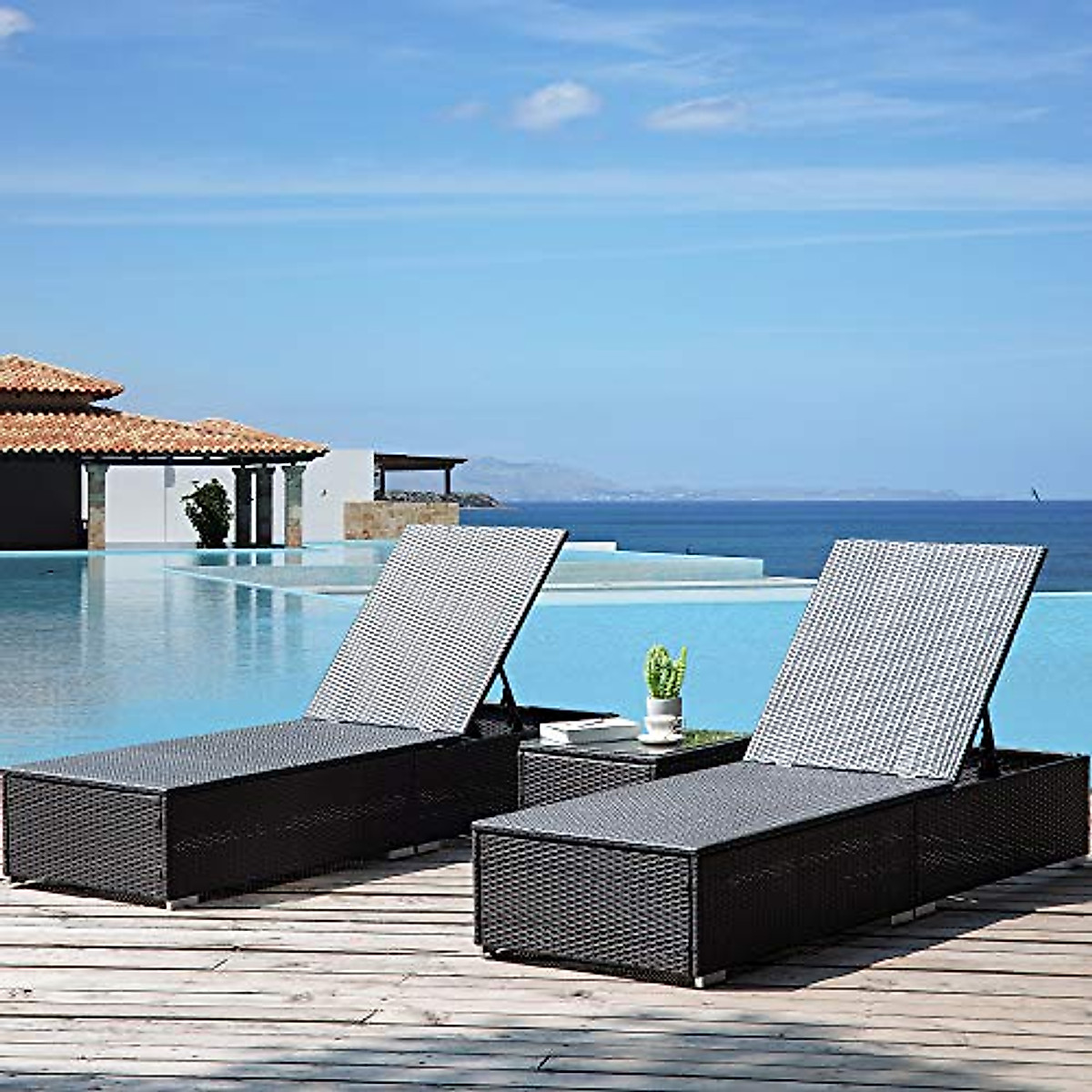3 Pieces Patio Furniture Sets, Outdoor Patio PE Wicker Chaise Lounge Set, Reclining Adjustable Pool Rattan Chaise Lounge Chair with Coffee Table and 2 Cushions