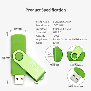 BorlterClamp 64GB USB Flash Drive Dual Port Memory Stick, OTG Thumb Drive with Micro USB Drive Port for Android Smartphone Tablet & Computer (Green)