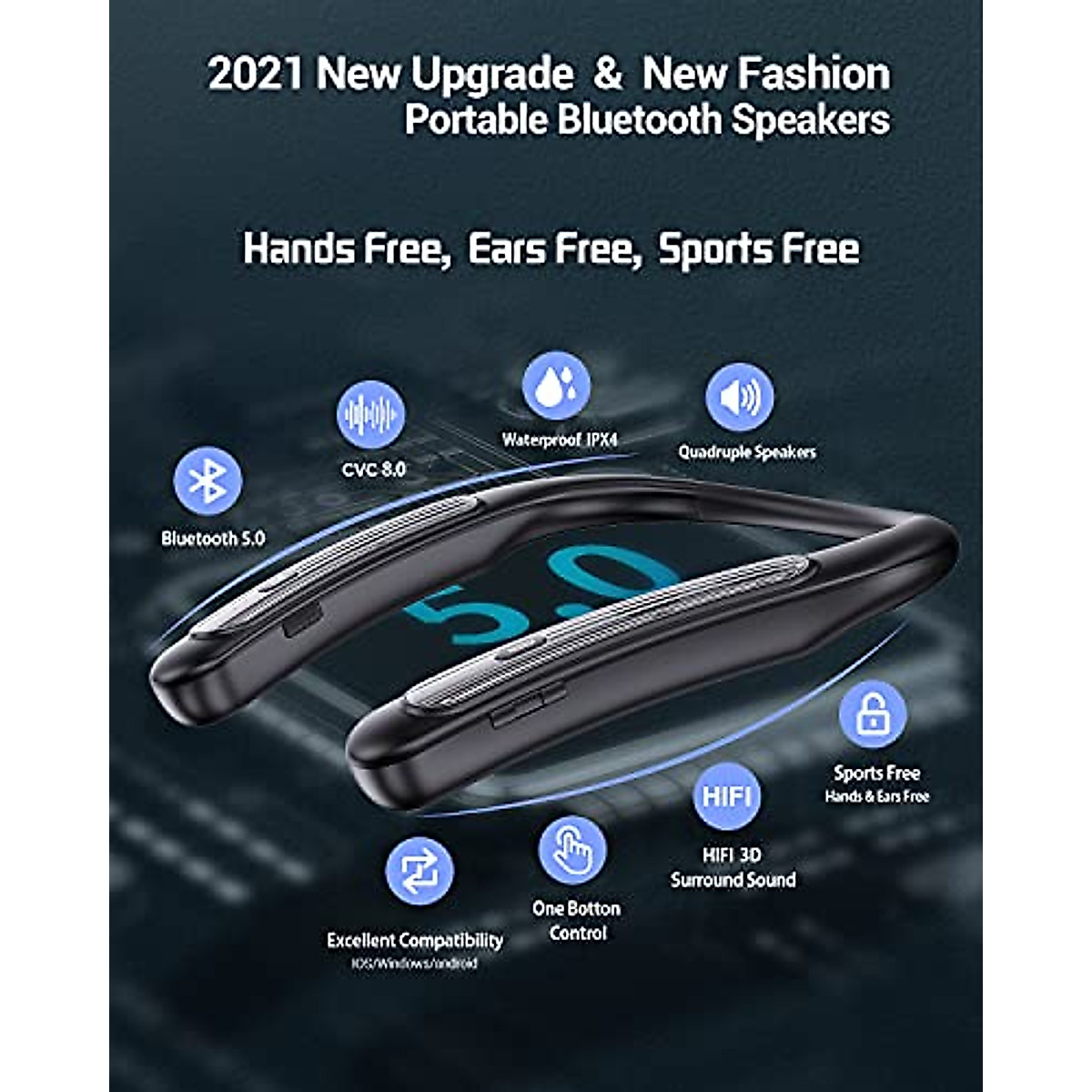 Bluenin Bluetooth Speaker Portable Bluetooth Speakers Wearable Neckband Bluetooth Speakers, Wireless Collar Speaker CVC 8.0 Noise Cancelling 3D Sound Personal Sport Speaker with Mic(Black)