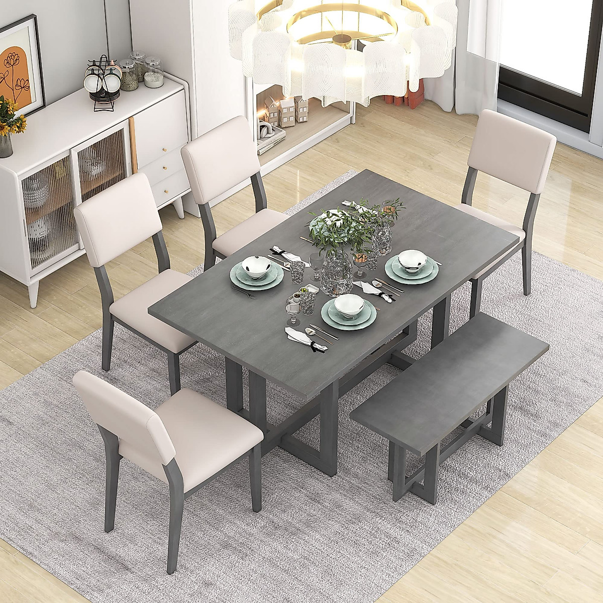 Bellemave 6-Piece Dining Table Set for 6 Kitchen Table Set with 4 Upholstered Chairs and Wooden Bench Rectangular Dining Room Set with H-Shaped Support Design for Kitchen, Dining Room (Grey)