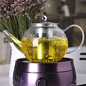 LUXU Glass Teapot with Stainless Steel Infuser & Lid,Stovetop Safe 1100ml/37 oz Clear Glass Tea Kettle with Comfortable Handle,Premium Blooming and Loose Leaf Tea Maker Set