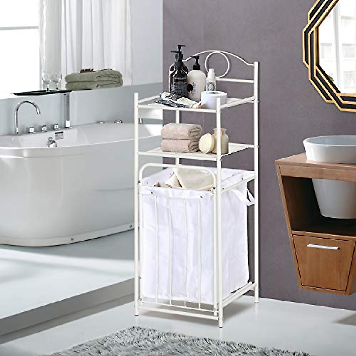 VECELO Laundry Hamper with Removable Liner Bag, Tilt Out Clothes Basket and 2-Tier Storage Organizer Design, for Bathroom/Bedroom/Nursery, White