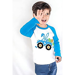 Toddler Boys Girls Easter Shirts Blue Raglan Long Sleeve Tees Kids Bunny Monster Truck Graphic Tops 5T