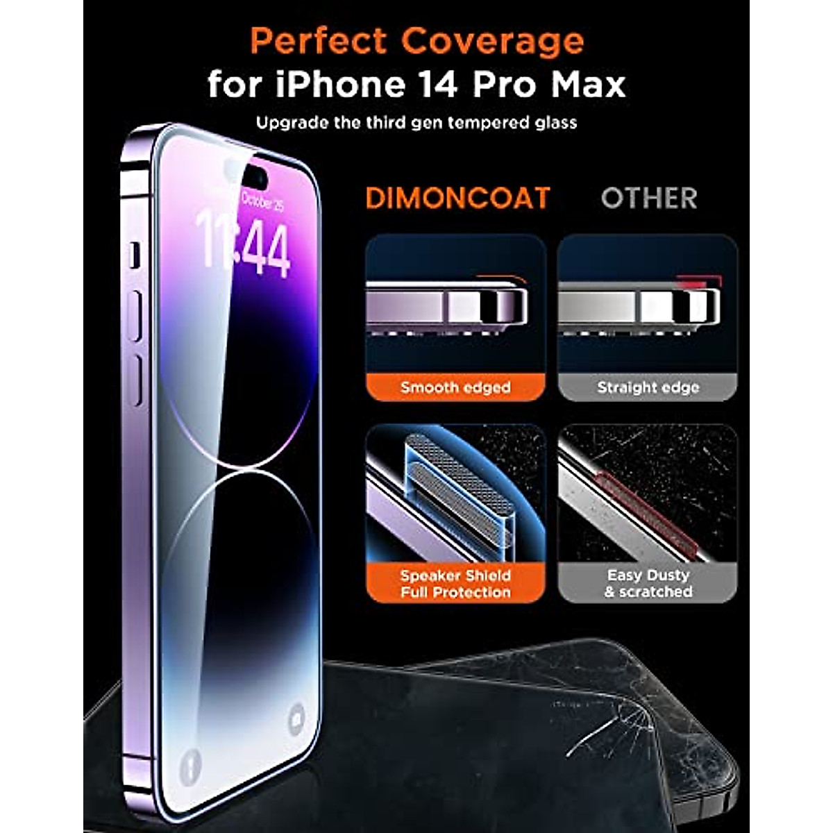 [4+2 Pack][Auto Alignment Kit] Screen Protector Compatible iPhone 14 Pro Max 6.7'' with Camera Lens Protector [10X Military Protection] DIMONCOAT HD Diamonds Hard Tempered Glass Film