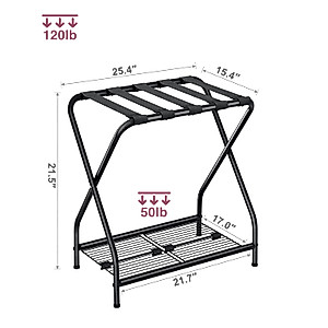 NEFROM Luggage Rack Pack of 2, Foldable Suitcase Stand with Storage Shelf, Metal Luggage Holder for Guest Room, Bedroom, Hotel LR-BK-2