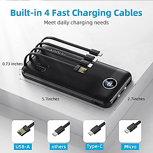 ANOUV Portable Charger with Built in Cables,10000mAh Slim USB C Power Bank,5 Output 3 Input 2 Flashlight LED Display External Battery Pack Compatible with Cell Phone and Most Smart Devices（1 Pack）