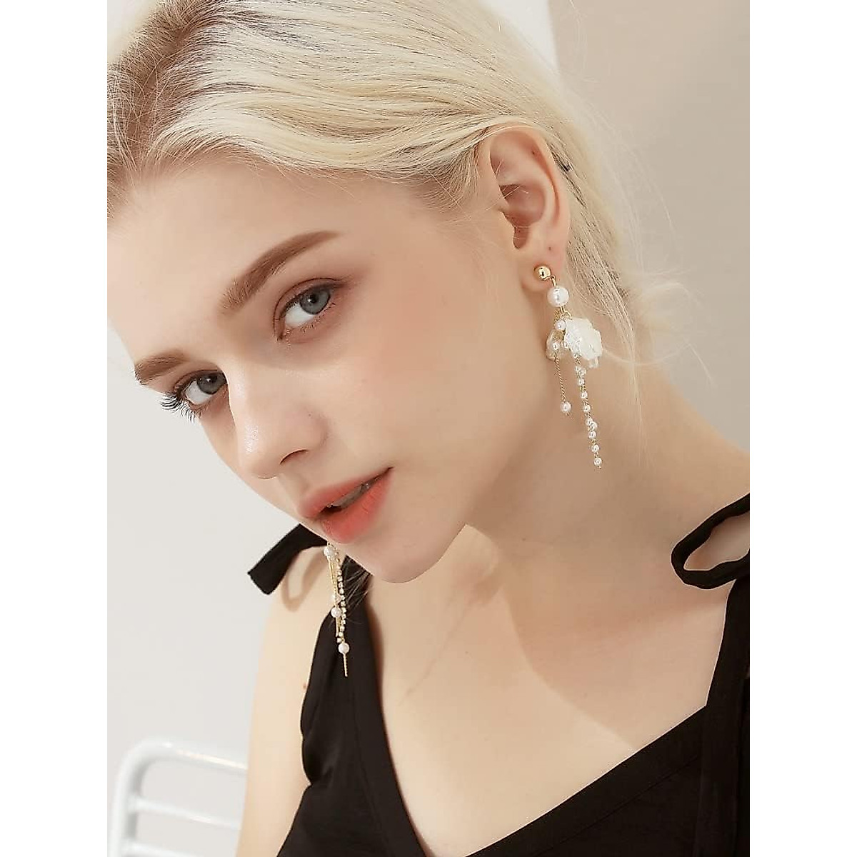 Kruckel Peach Blossom Floral Long Drop Dangling Earrings - Golden Studs with White Pearls, Jewelry for Women,Easy - Wear Fashion Design Accesory Packed with Durable Jewelry Box