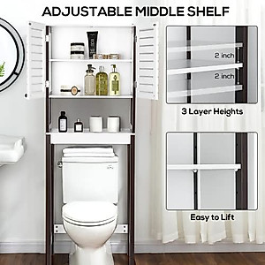 VOWNER Over The Toilet Storage Cabinet, 3-Tier Bathroom Organizer with Louvered-Style Doors and Adjustable Shelf, White and Coffee Brown MDF Board