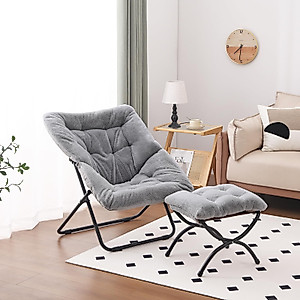 Givjoy Comfy Saucer Chair with Ottoman, Oversized Folding Faux Fur Chair Soft Furry Lounge Lazy Chair with Metal Frame Moon Chair Accent Chair for Bedroom, Living Room, Dorm Rooms