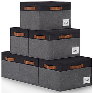 PFFVRP Extra Large Storage Bins with Lids, Foldable Fabric Storage Baskets with Lids, Sturdy Storage Boxes with Labels and 3 PU Handles for Closet Home Bedroom Office (32L, Grey&Black)