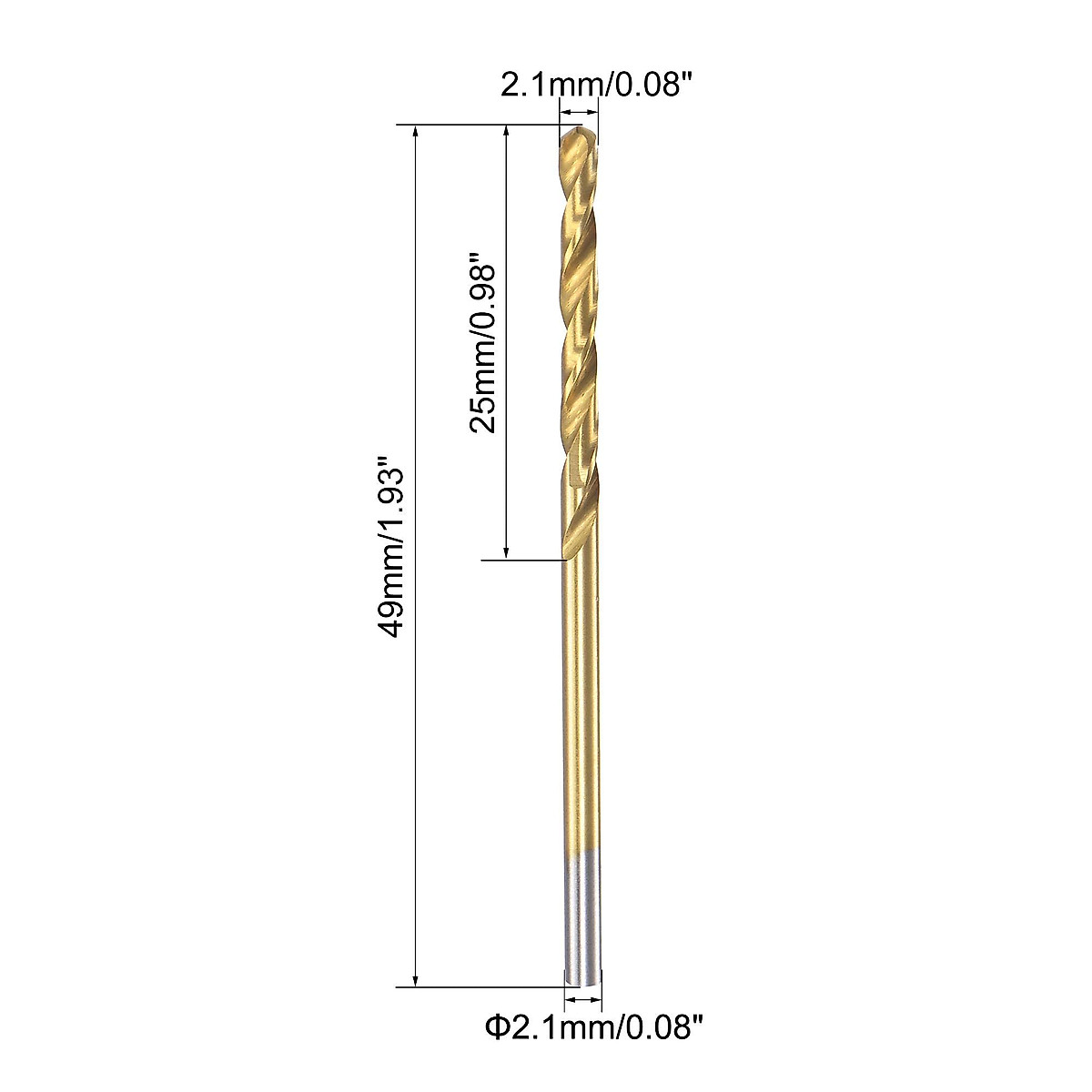 uxcell High Speed Steel Straight Shank Twist Drill Bit Fully Ground Titanium Coated 2.1mm Drill Diameter 49mm Total Length 25mm Drill Bit Length 12 Pcs
